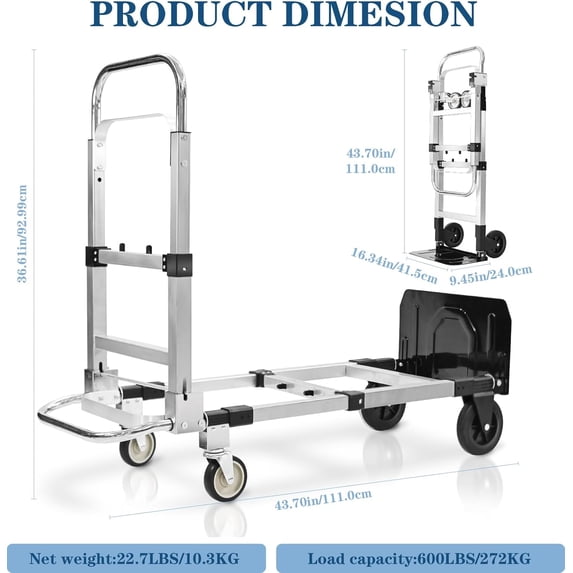 600-Pound 4-Wheel Folding Hand Truck/Cart, Heavy-Duty with Adjustable ...