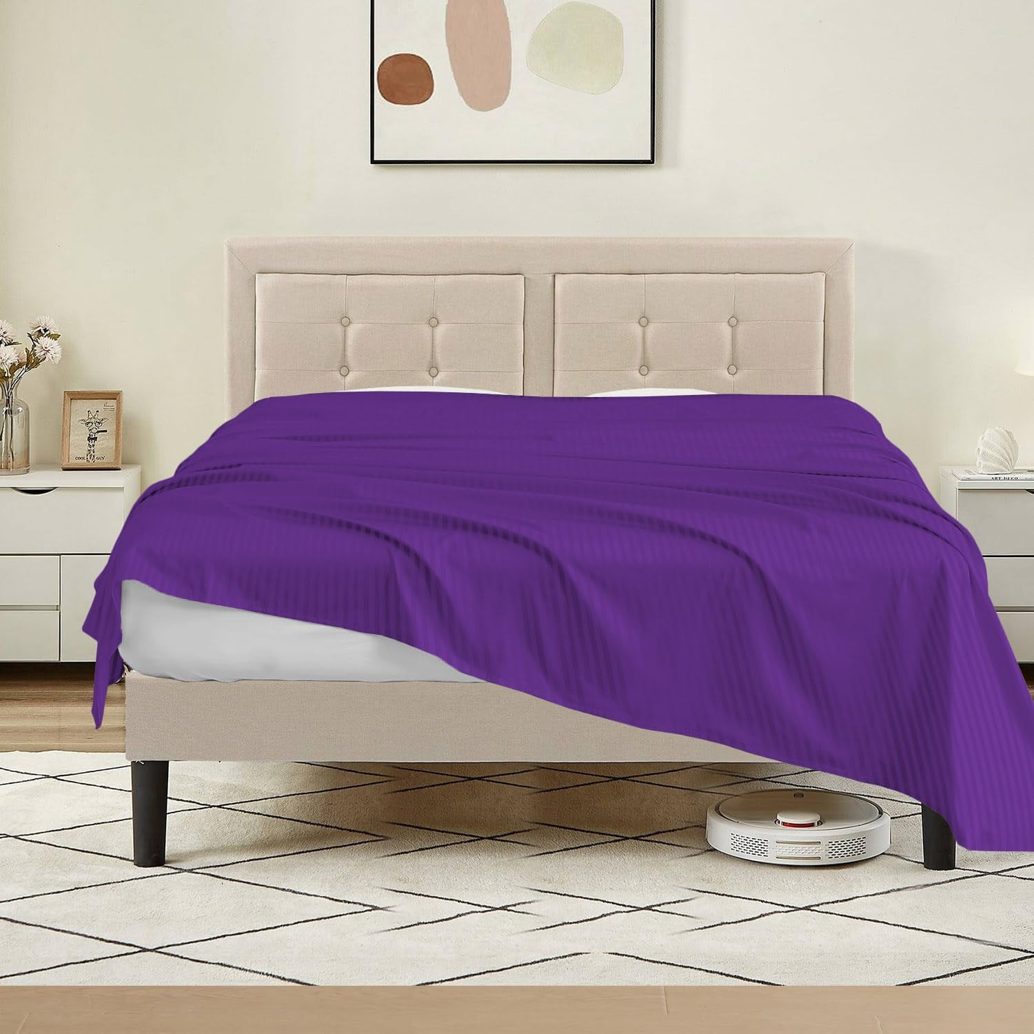 600 Thread Count Egyptian Cotton Flat Sheet – 1 Piece, Stripe Purple ...