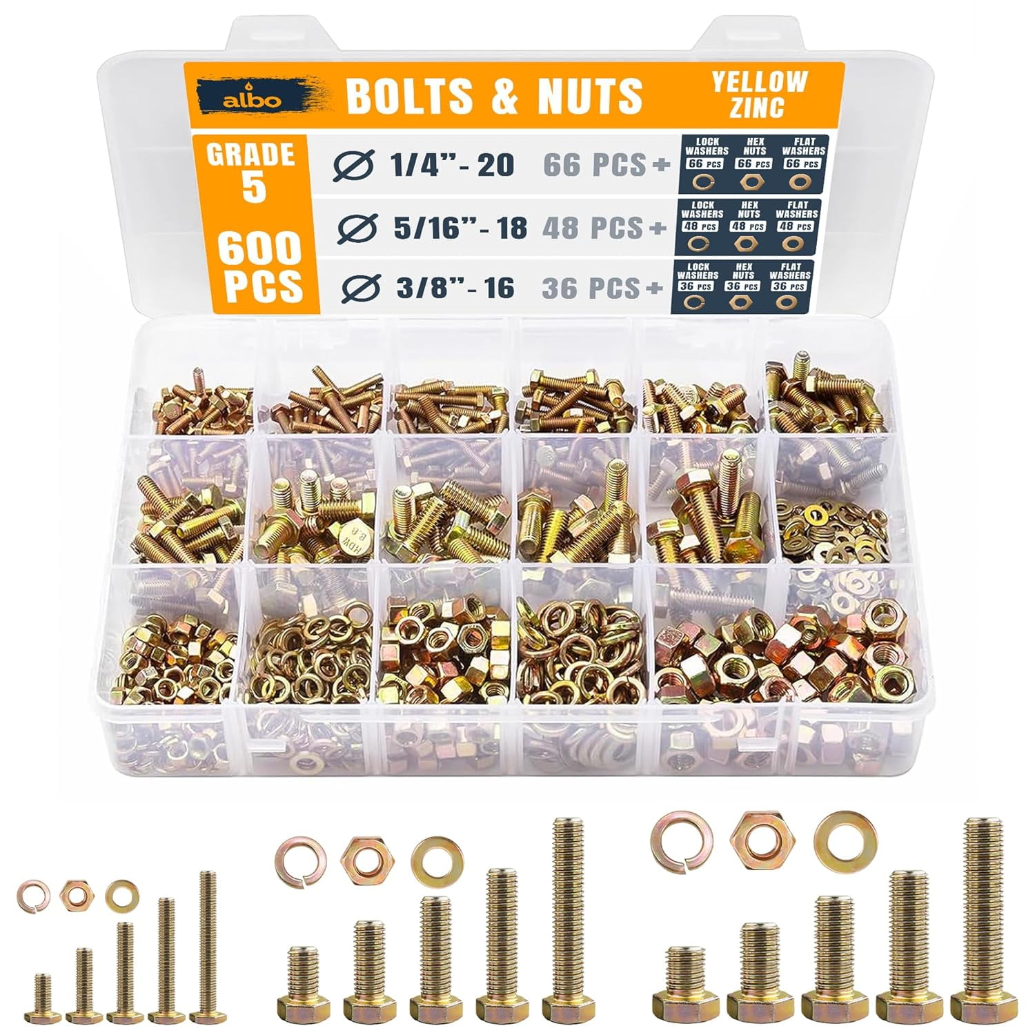 600 pcs Hex Head Bolts and Nuts Grade 5 Yellow Zinc Plated 1/4-20, 5/16 ...