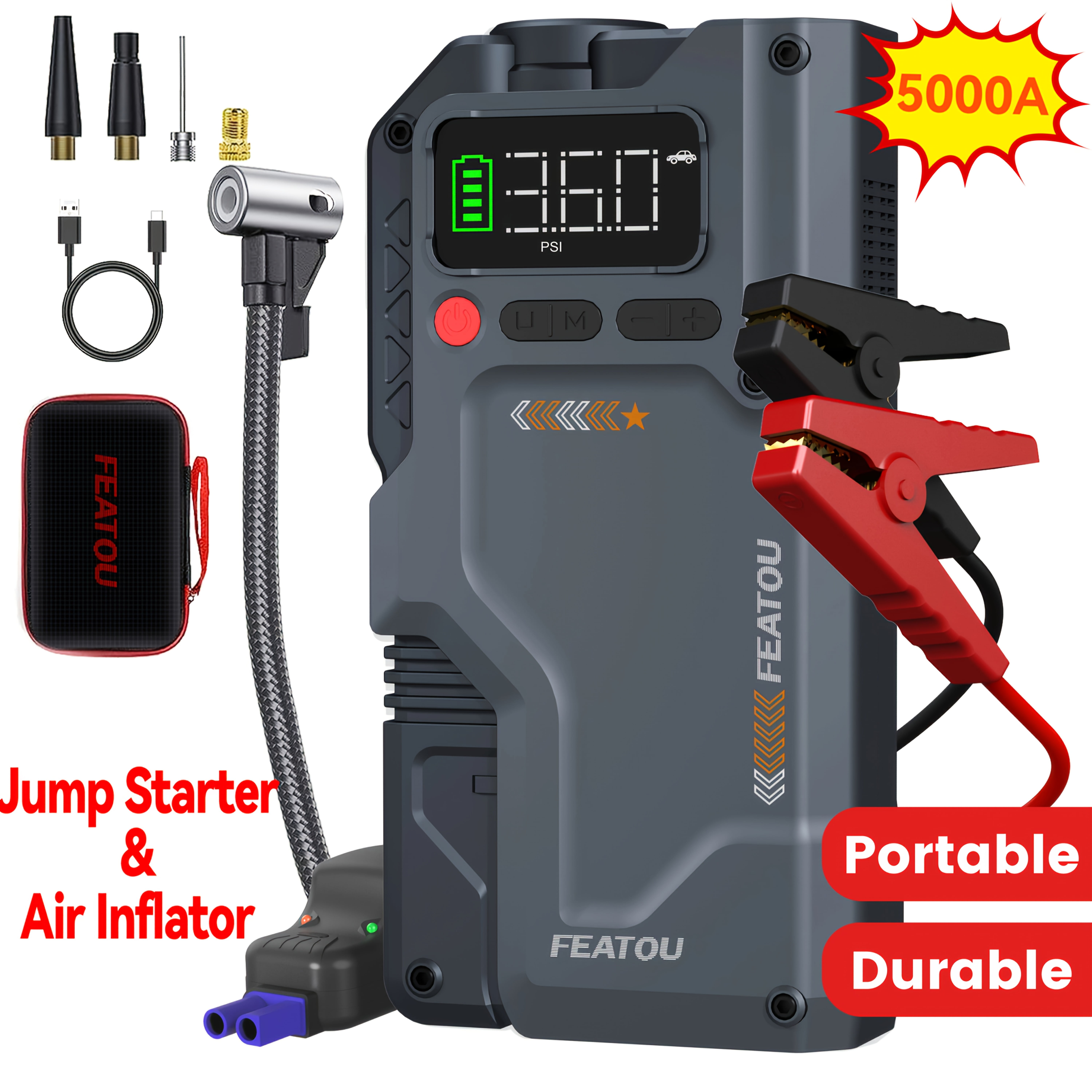 6000A Portable Jump Starter with Air Compressor, 5-in-1 Jump Box Car ...