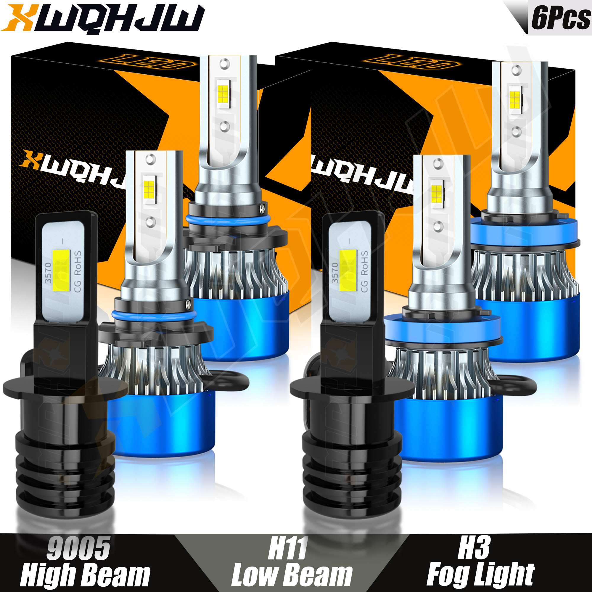 6000K 9005+H11+H3 LED Headlight High Low Beam Fog Light Plug&Play LED ...