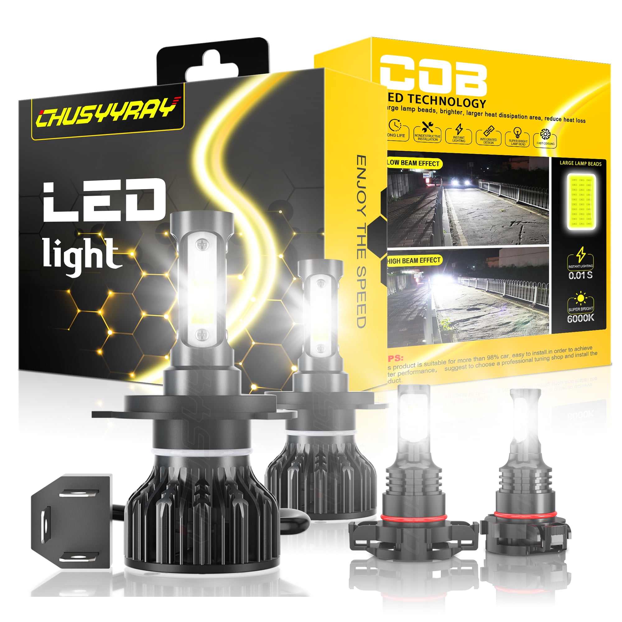 6000K H4 5202 H16 LED Headlight Fog Light Combo Plug&Play White 4x Bulb ...