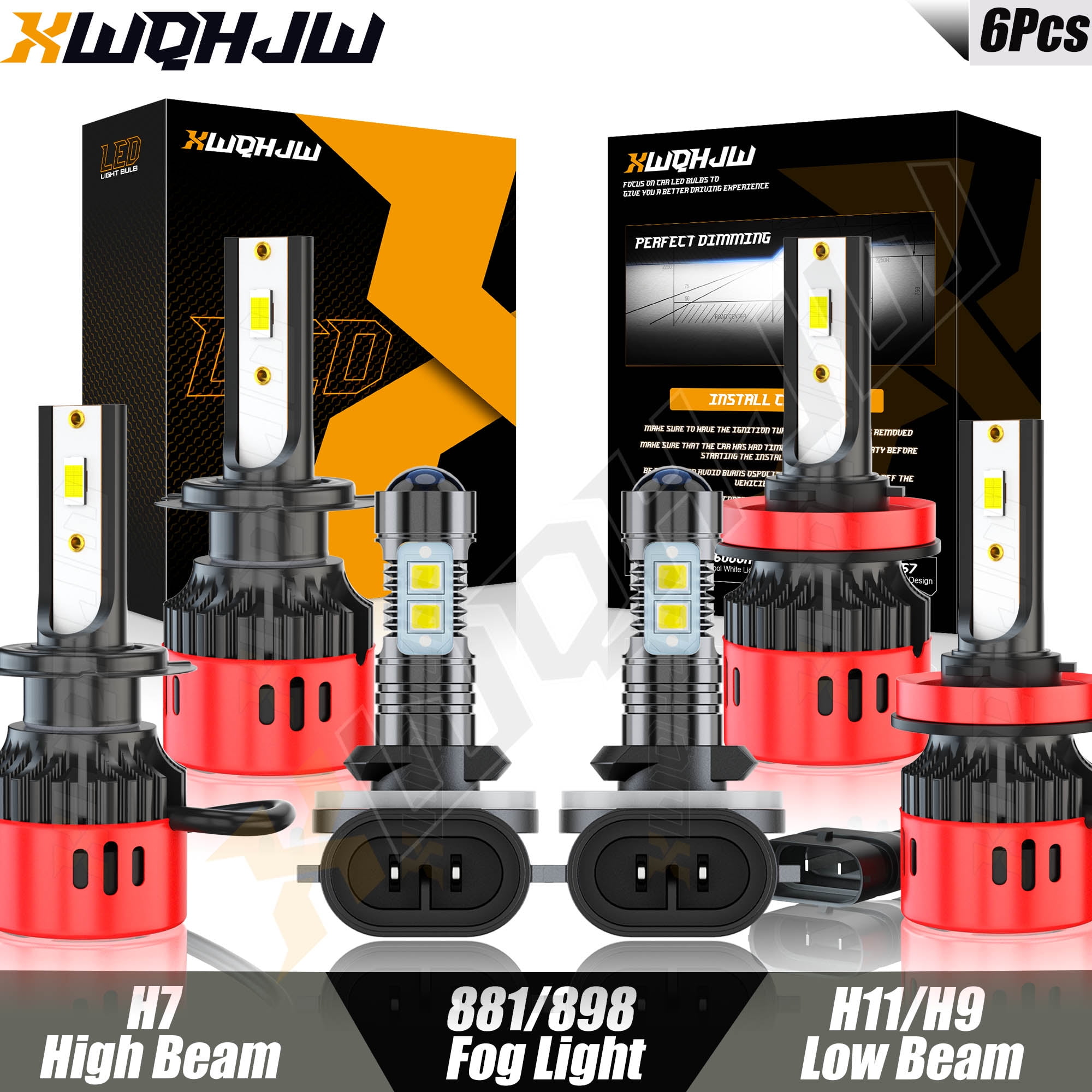 6000K H7 H11 881/898 Car Lights Combo LED Headlight Hi/Lo Beam Fog ...