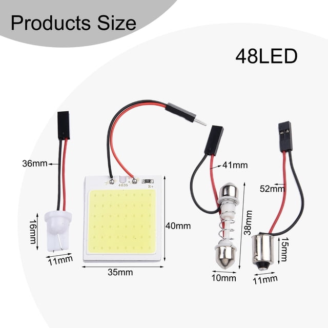 6000K White COB LED Light Panel T10 Light Adapter For Dome/Car Interior ...