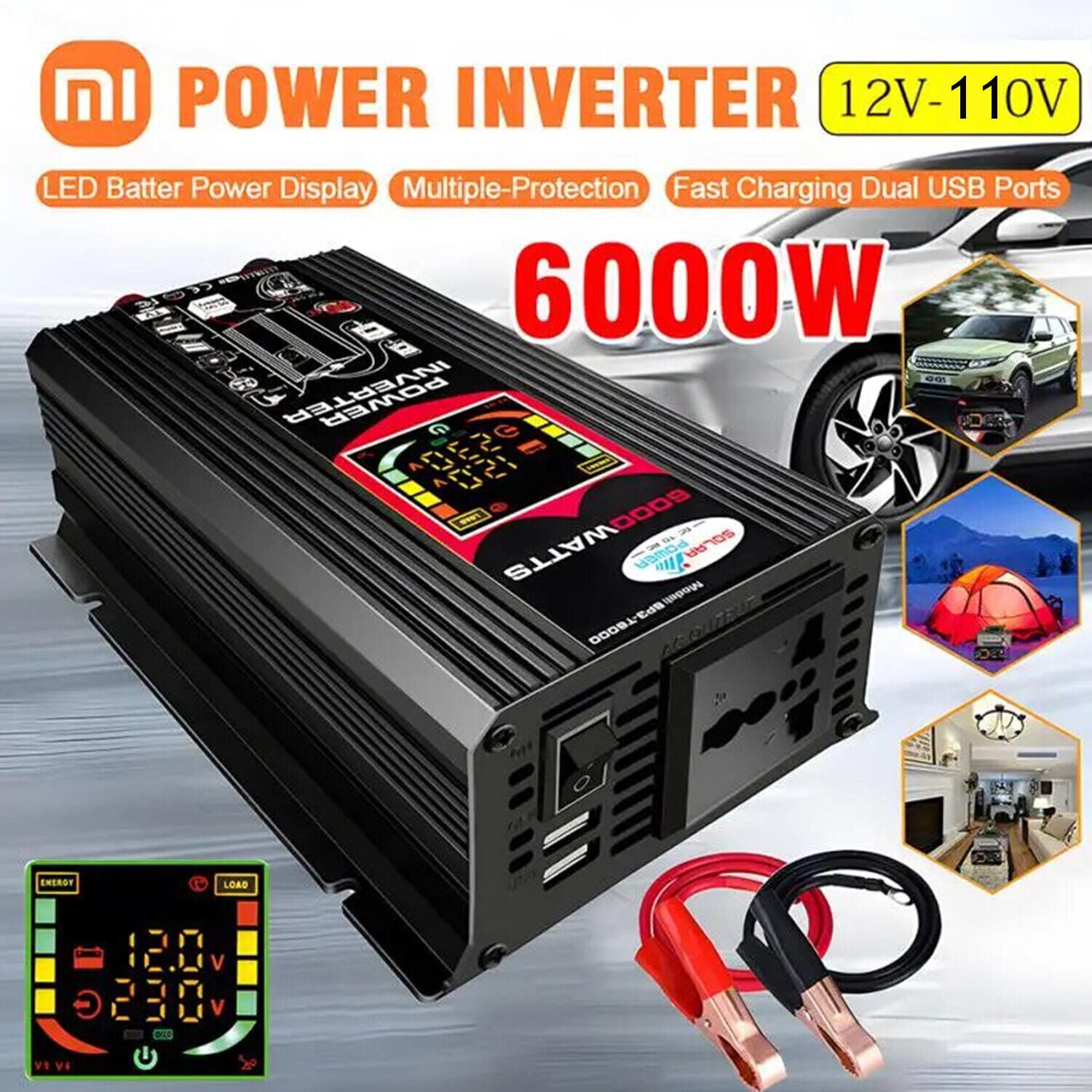 6000W Power Inverter for Vehicle, Truck - DC 12V to AC 110V/120V Car ...