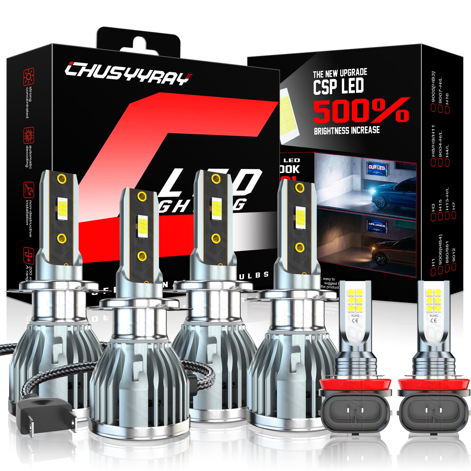 6000k 6pcs LED Headlight H7+H7 High/Low Beam H11 H8 H9 Fog Light Bulbs ...