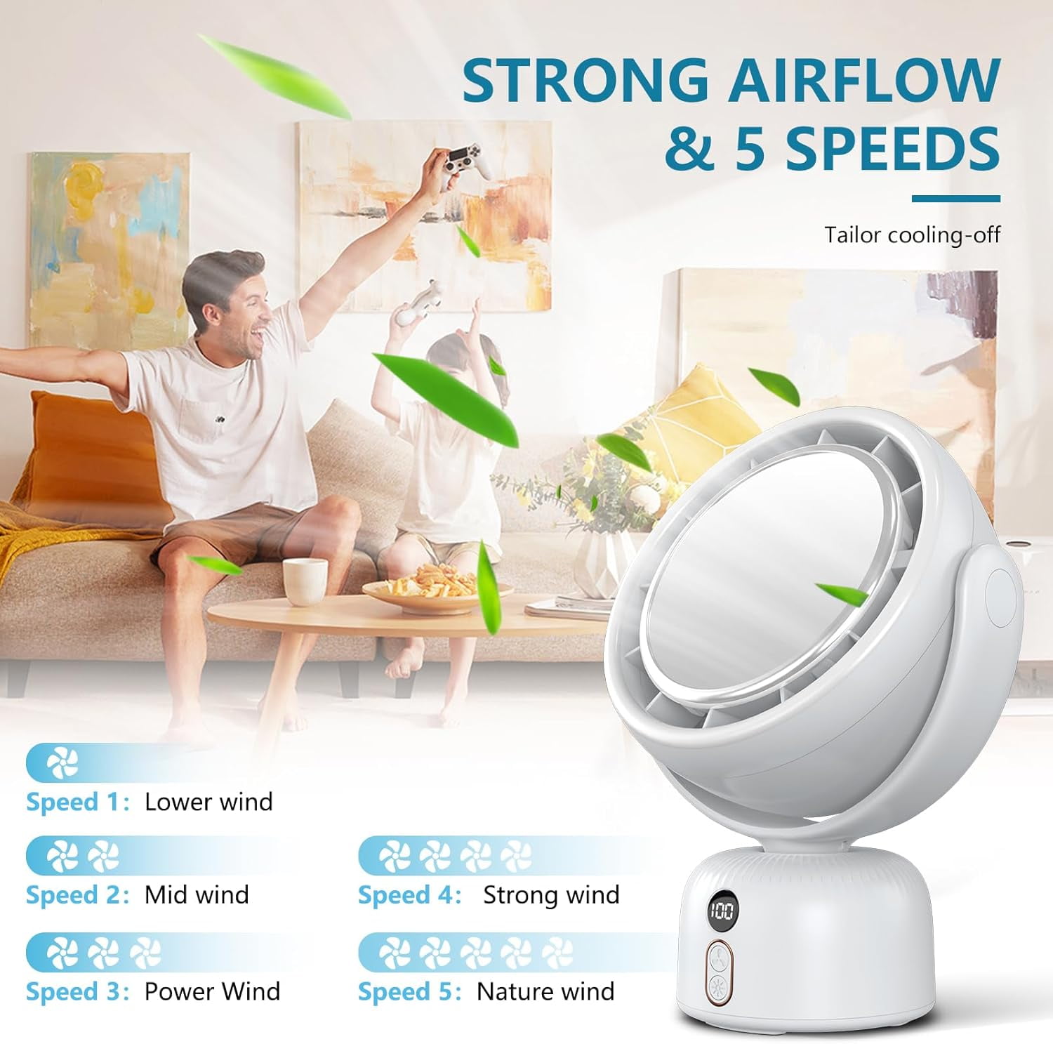 6000mAh Rechargeable Table Fan with Makeup Mirror and 3 Level Dimable ...