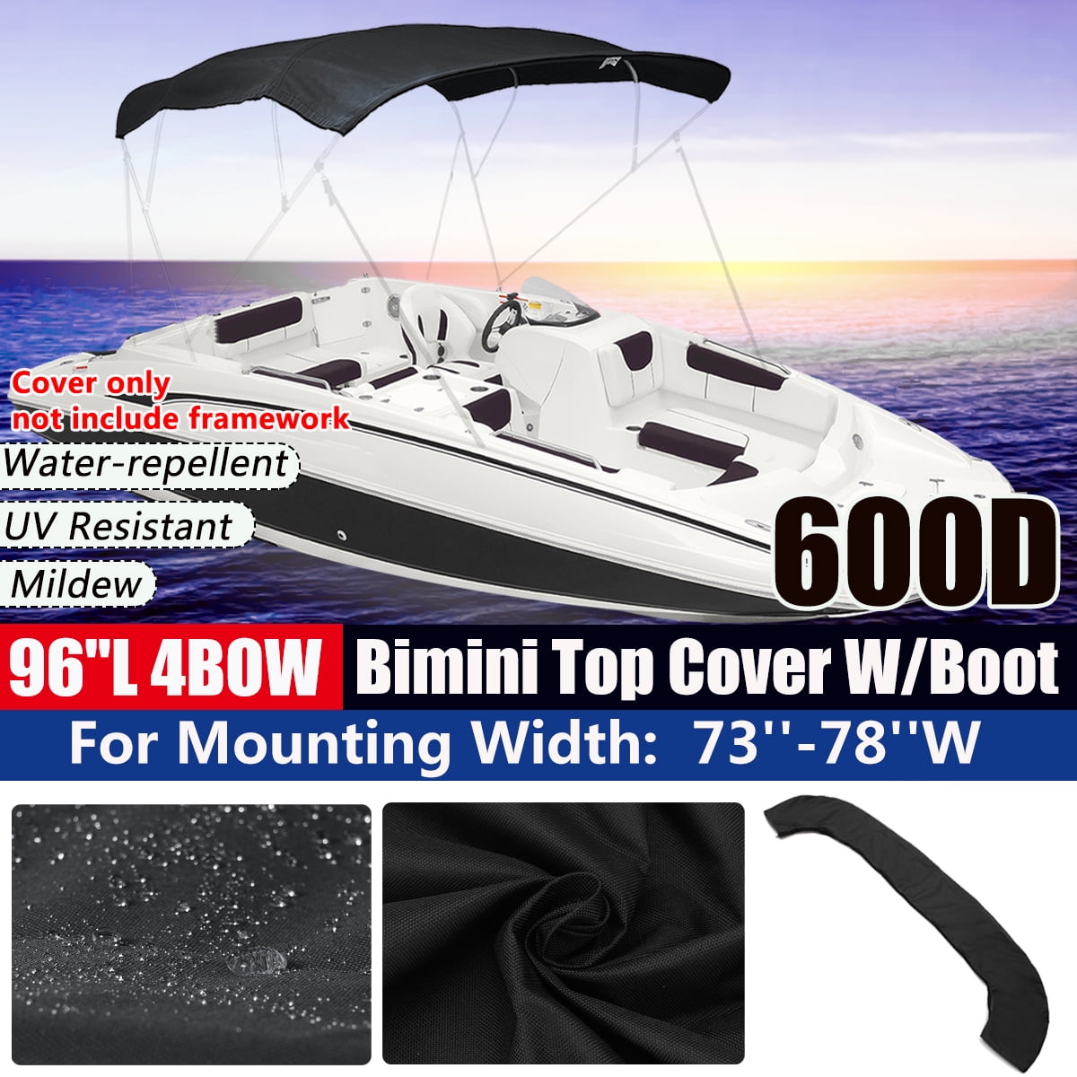 Stoneway Bimini Top Cover Black 600D Polyester Boat Bimini Top with ...