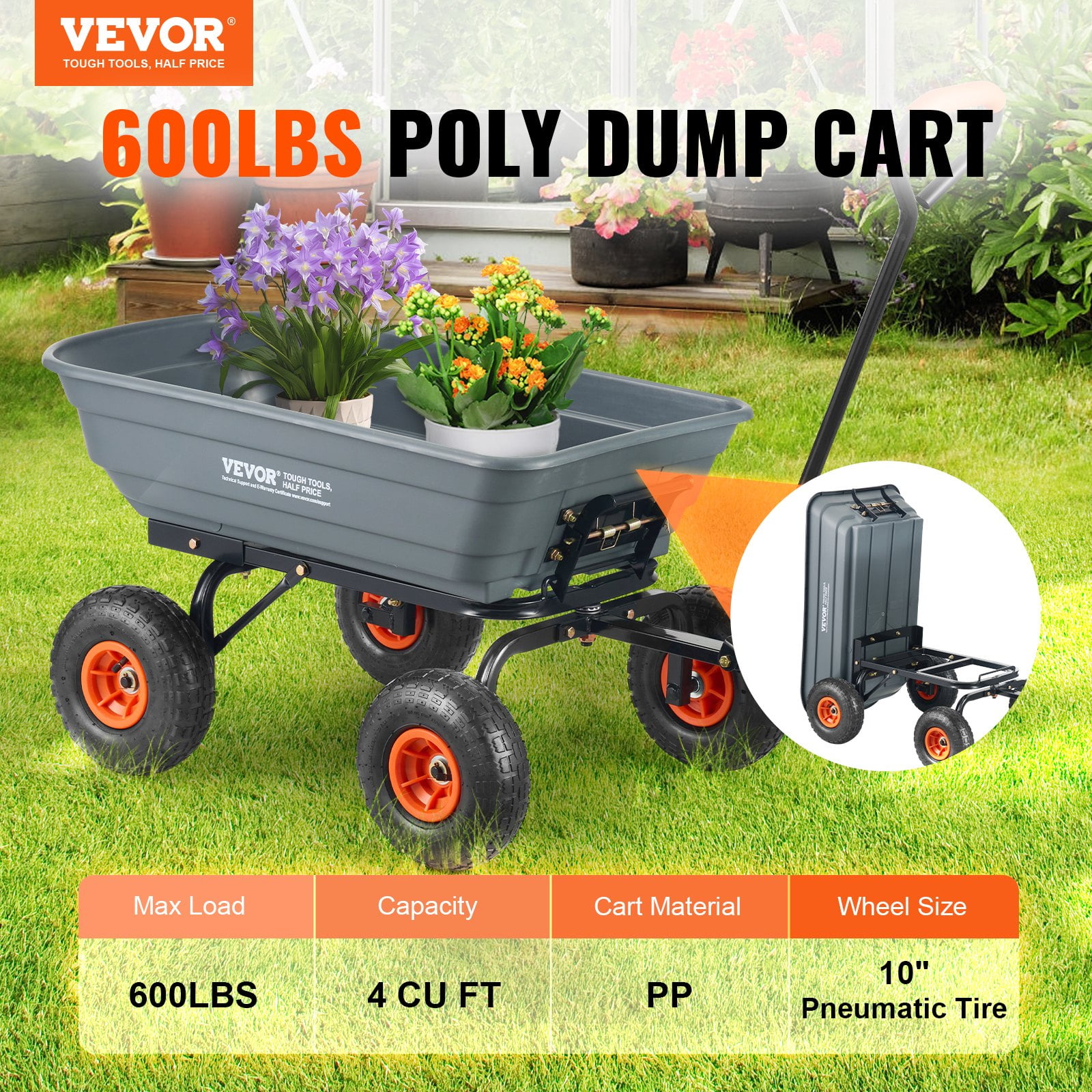600LB Poly Dump Cart - 2-in-1 Handle Yard Wagon w/10" Tires | for Gardening - Walmart.com