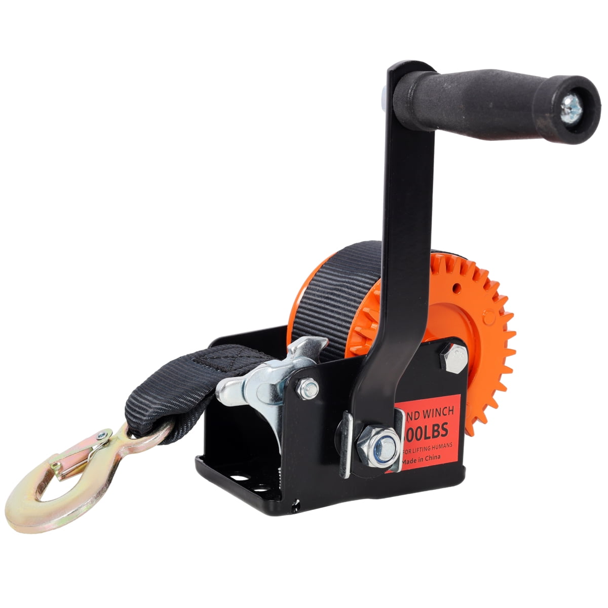 600LBS Hand Winch with 19.6FT Black Strap Orange & Black Shell 3.1:1 ...
