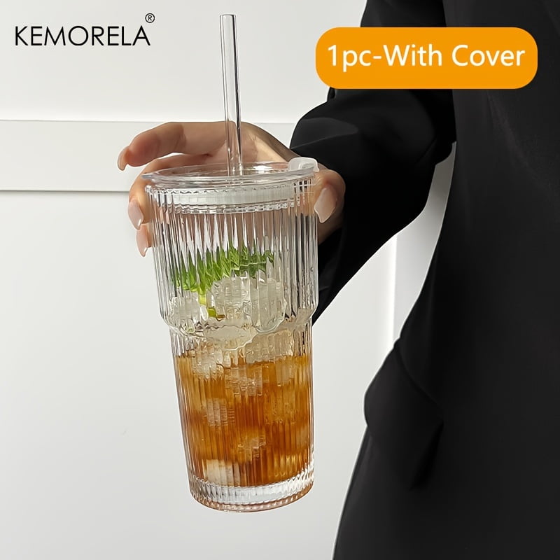 600ML Stripe Glass Coffee Cup With Lid and Without Cover Straw ...