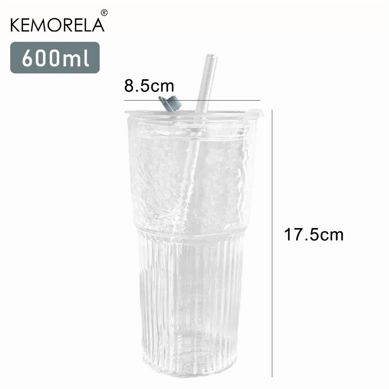 600ML Stripe Glass Cup with Lid and Straw Transparent Drinking Glasses ...