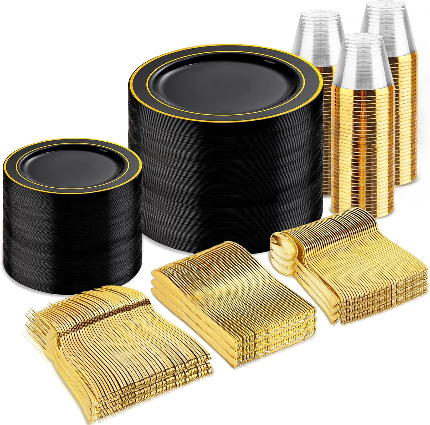 600PCS Black and Gold Disposable Dinnerware Set - Black Plastic Plates ...