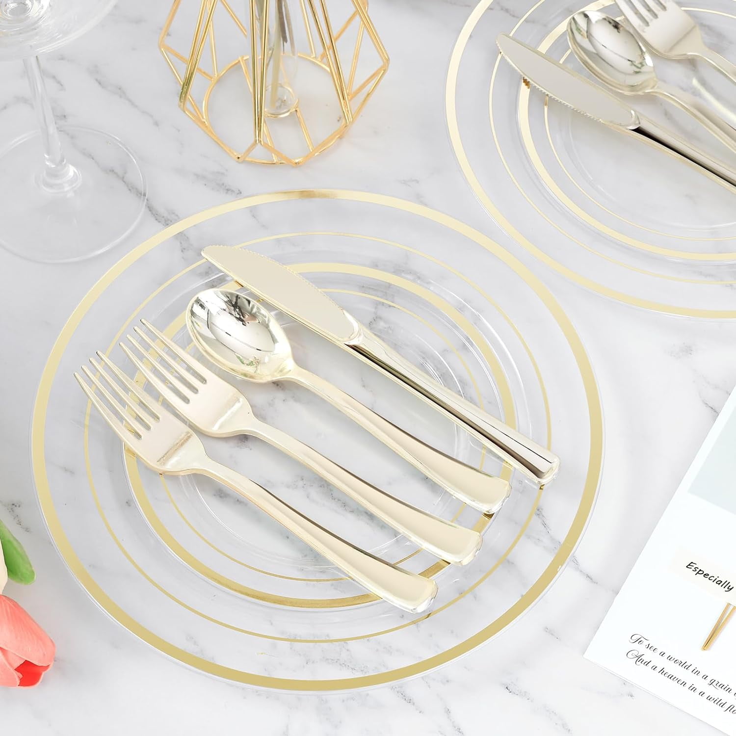 600PCS Clear Gold Plastic Plate Set for 100 Guests - Disposable ...