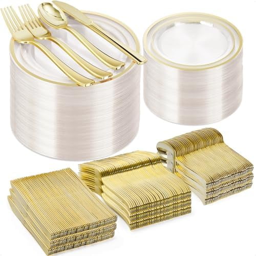 600PCS Clear Gold Plastic Plate Set (100 Guests), Plastic Plates for ...