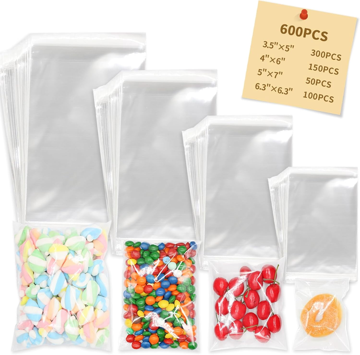600PCS Clear Resealable Self Adhesive Cello Bags with 4 Sizes 3.5×5, 4× ...