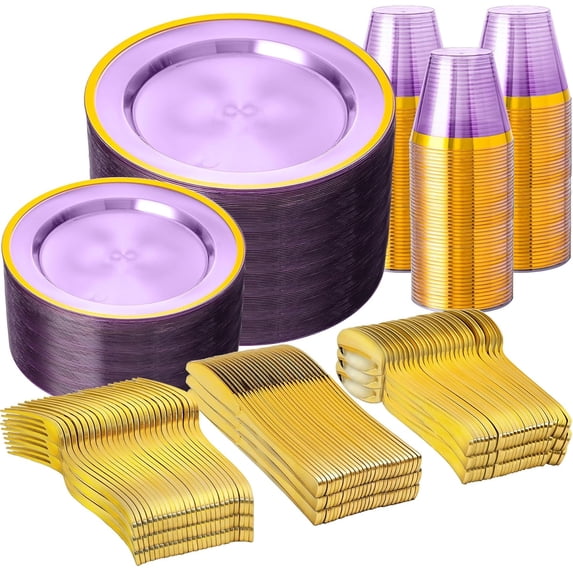 600PCS Disposable Plastic Plates, Purple Plastic Dinnerware Set ...