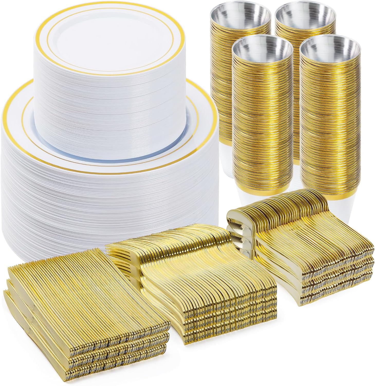 600PCS Gold Dinnerware Set for 100 Guests, Plastic Plates for Party ...