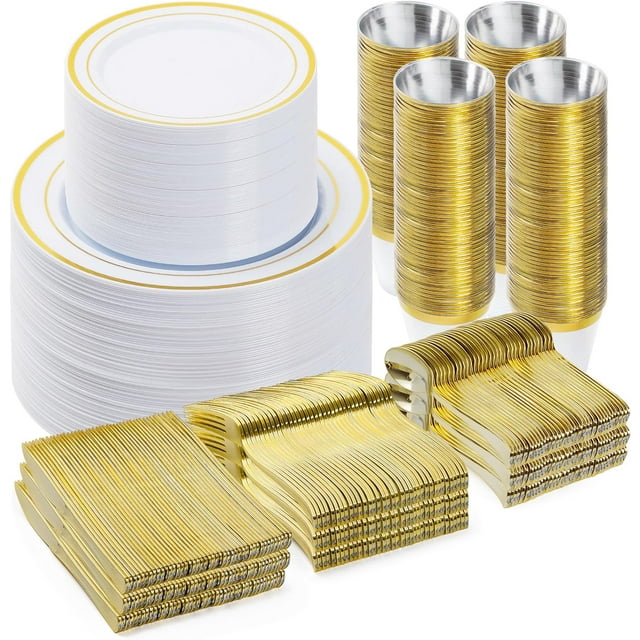 600PCS Gold Dinnerware Set for 100 Guests, Plastic Plates for Party ...