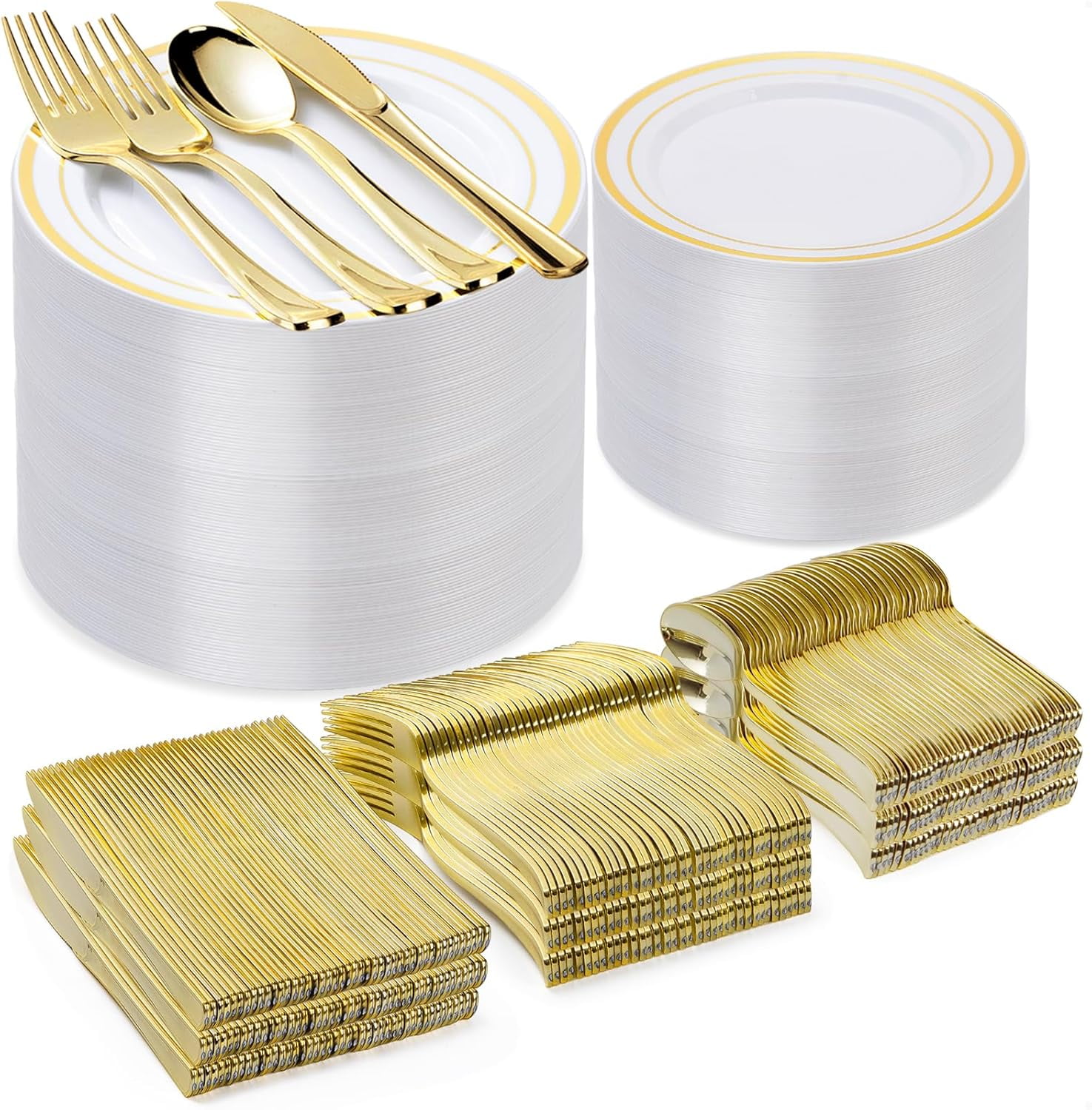 600PCS Gold Plastic Plate Set (100 Guests), Plastic Plates for Party ...