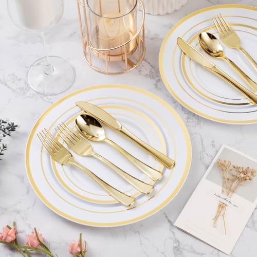 600PCS Gold Plastic Plate Set (100 Guests), Plastic Plates for Party ...
