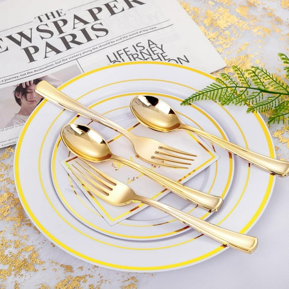 600PCS Gold Plastic Spoons and Forks Set - Plastic Forks and Spoons ...