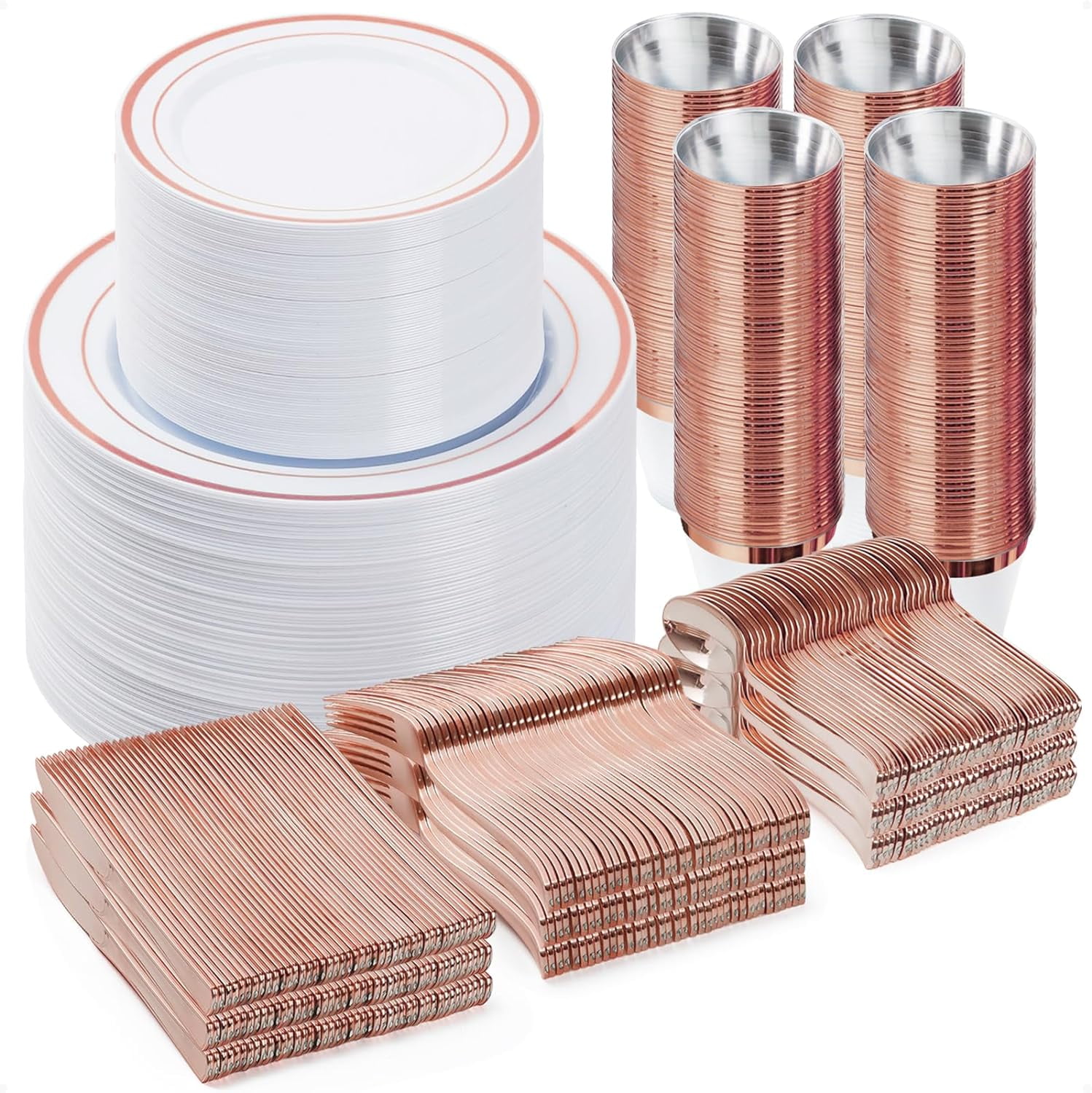 600PCS Plastic Dinnerware Set (100 Guests), Rose Gold Disposable Plates ...