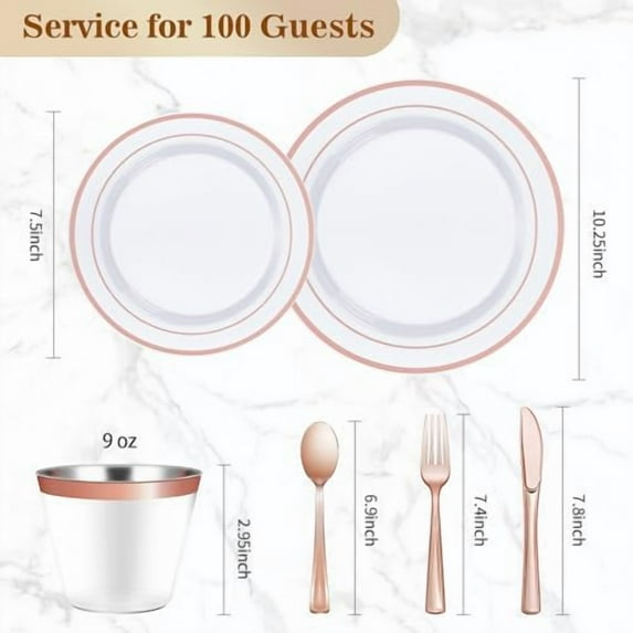 600PCS Plastic Dinnerware Set (100 Guests), Rose Gold Disposable Plates ...