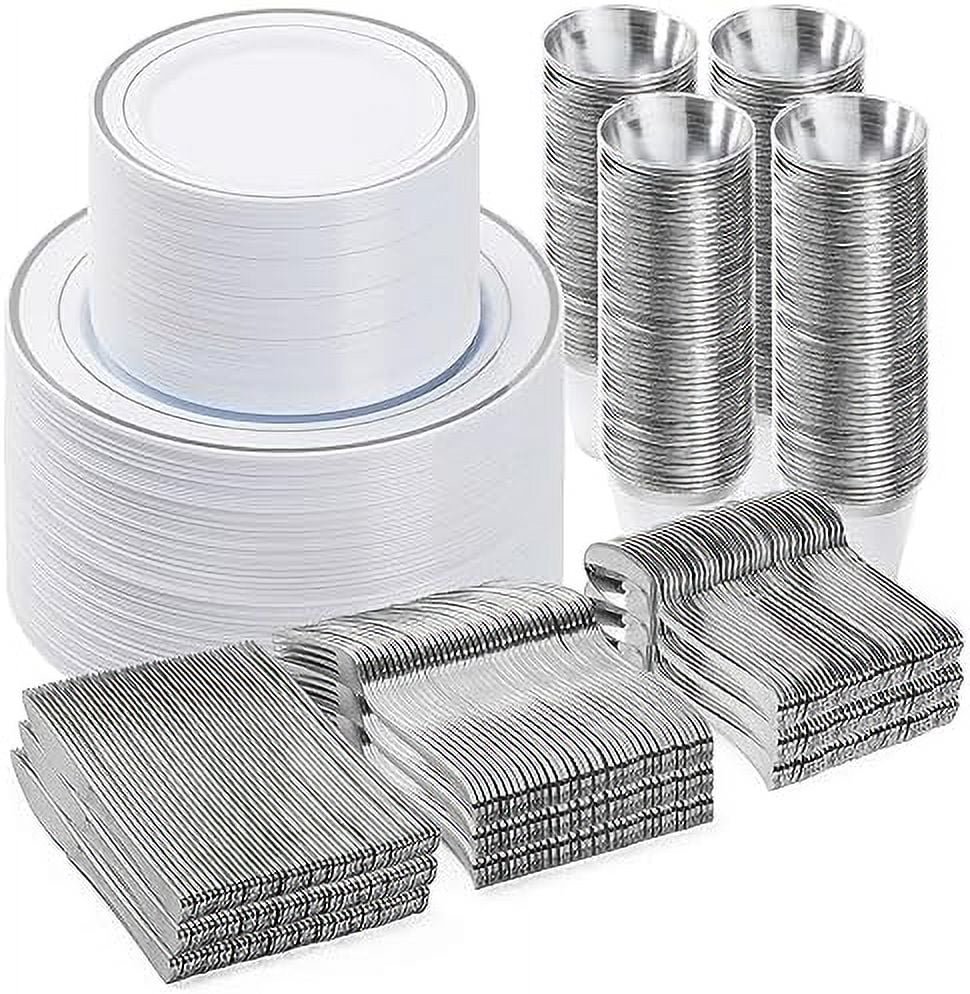 600PCS Silver Dinnerware Set for 100 Guests, Plastic Plates for Party ...