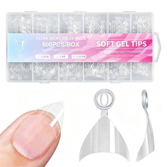 600PCS Soft Gel Nail Tips, Short Half Cover False Nails with Storage ...