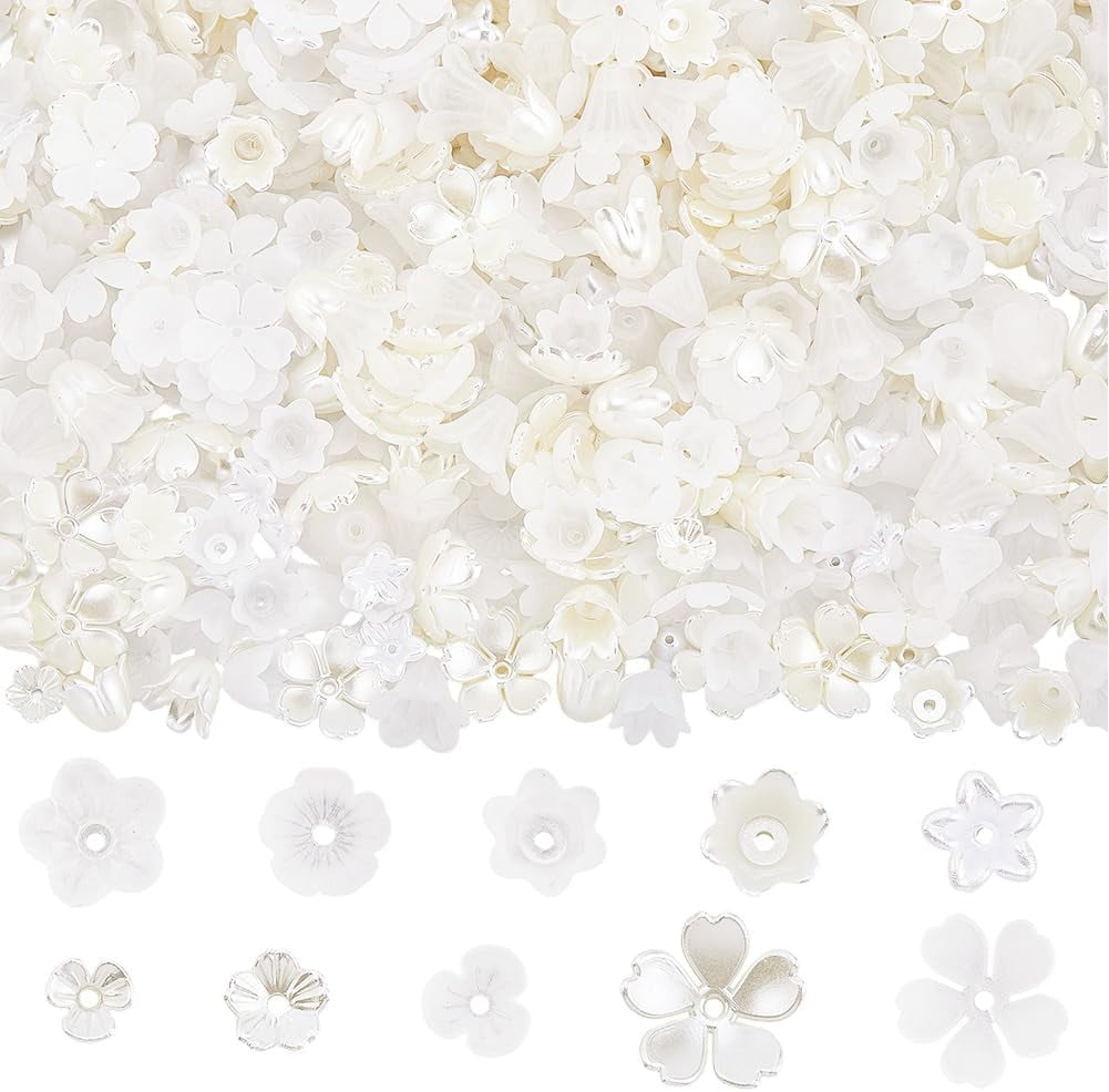 600Pcs 10 Styles Acrylic Flower Beads Floral Bead Caps Bulk White ...