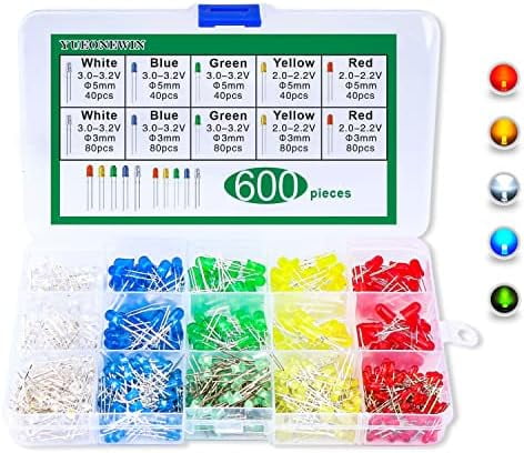600Pcs 3mm 5mm LED Light Emitting Diodes Assortment Kit Round Diffused ...