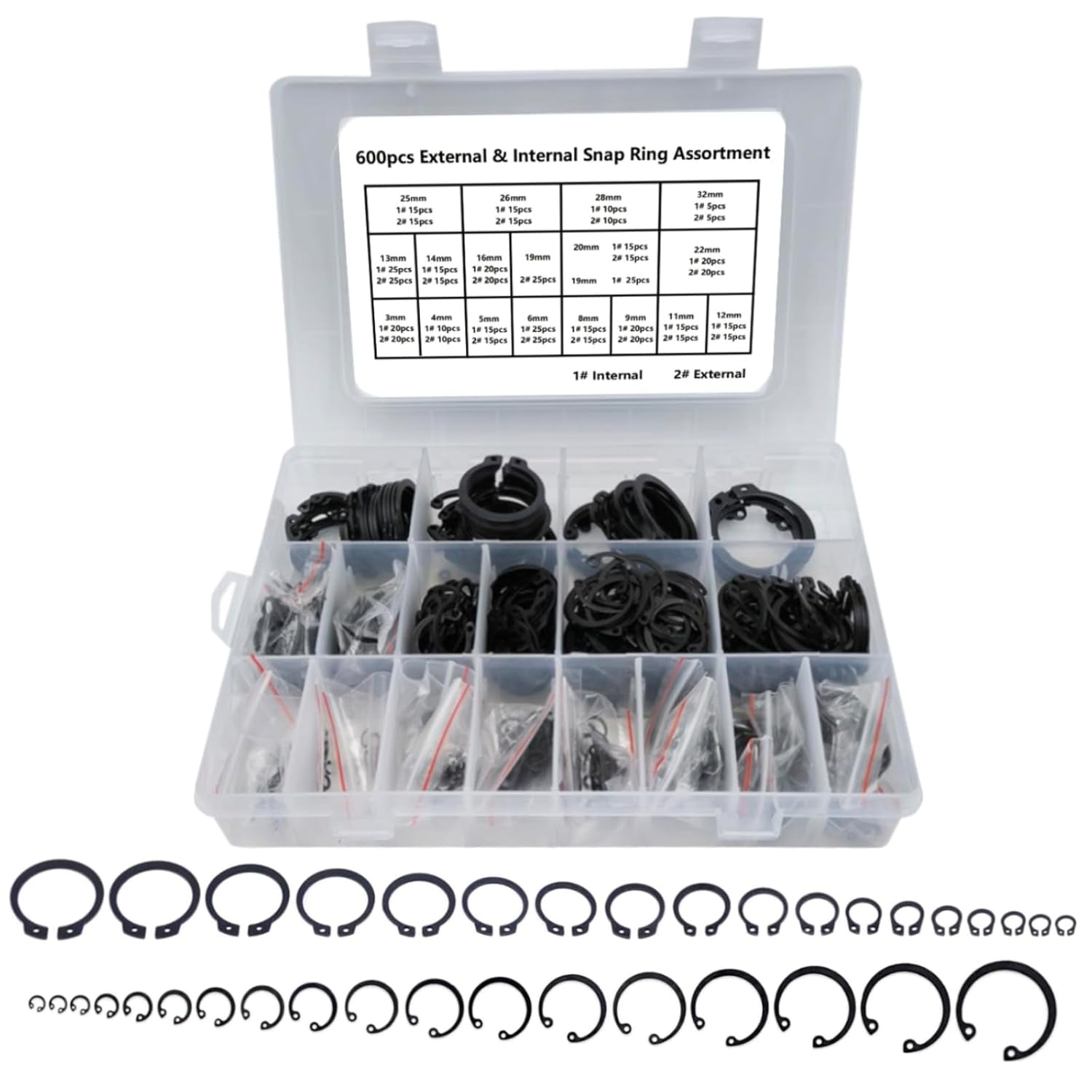 600Pcs Circlip Snap Rings Retaining Rings Assortment Kit, 2 Types 36 ...