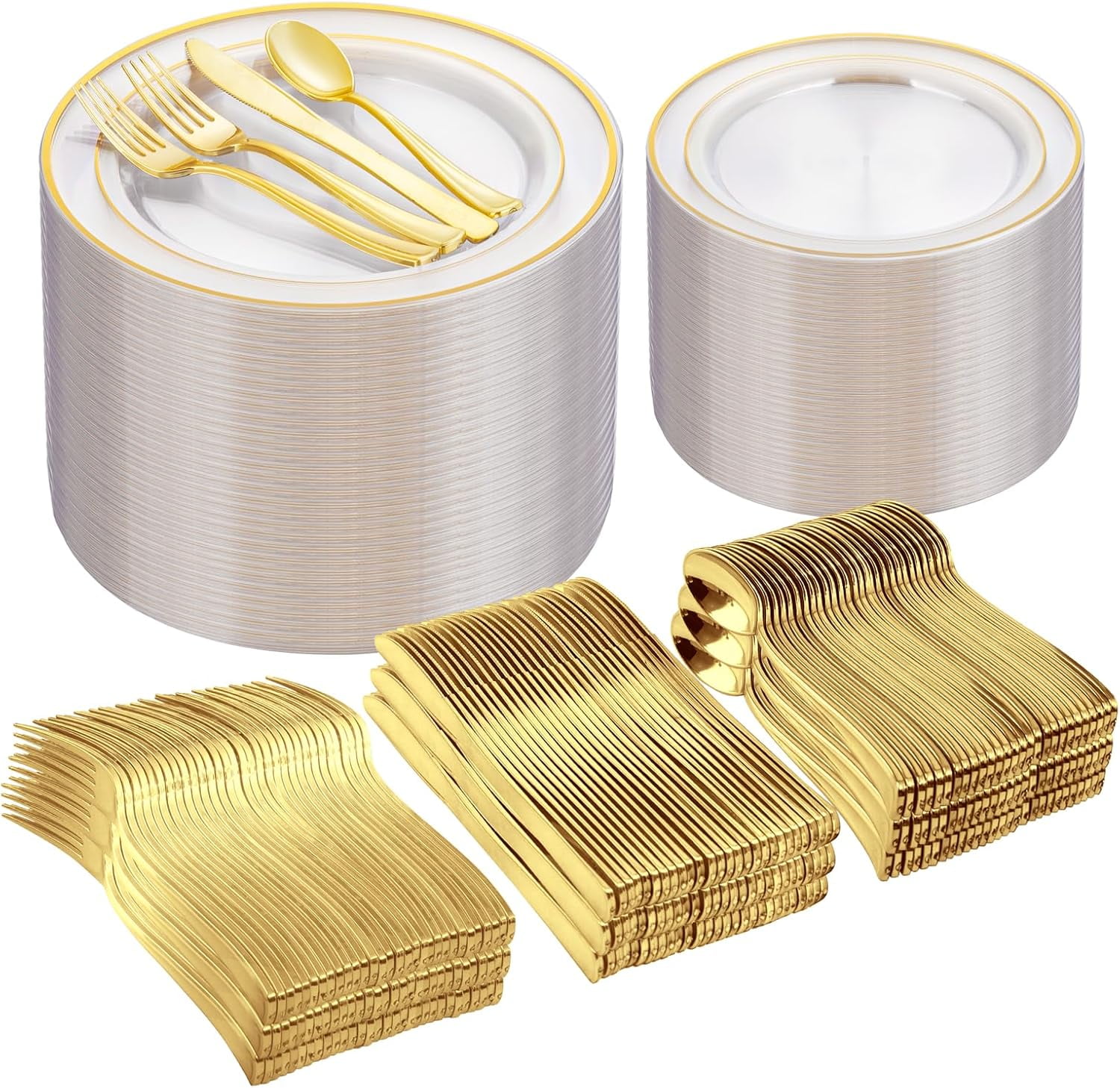 600Pcs Clear Gold Plastic Plates for 100 Guests, Plastic Dinnerware Set ...
