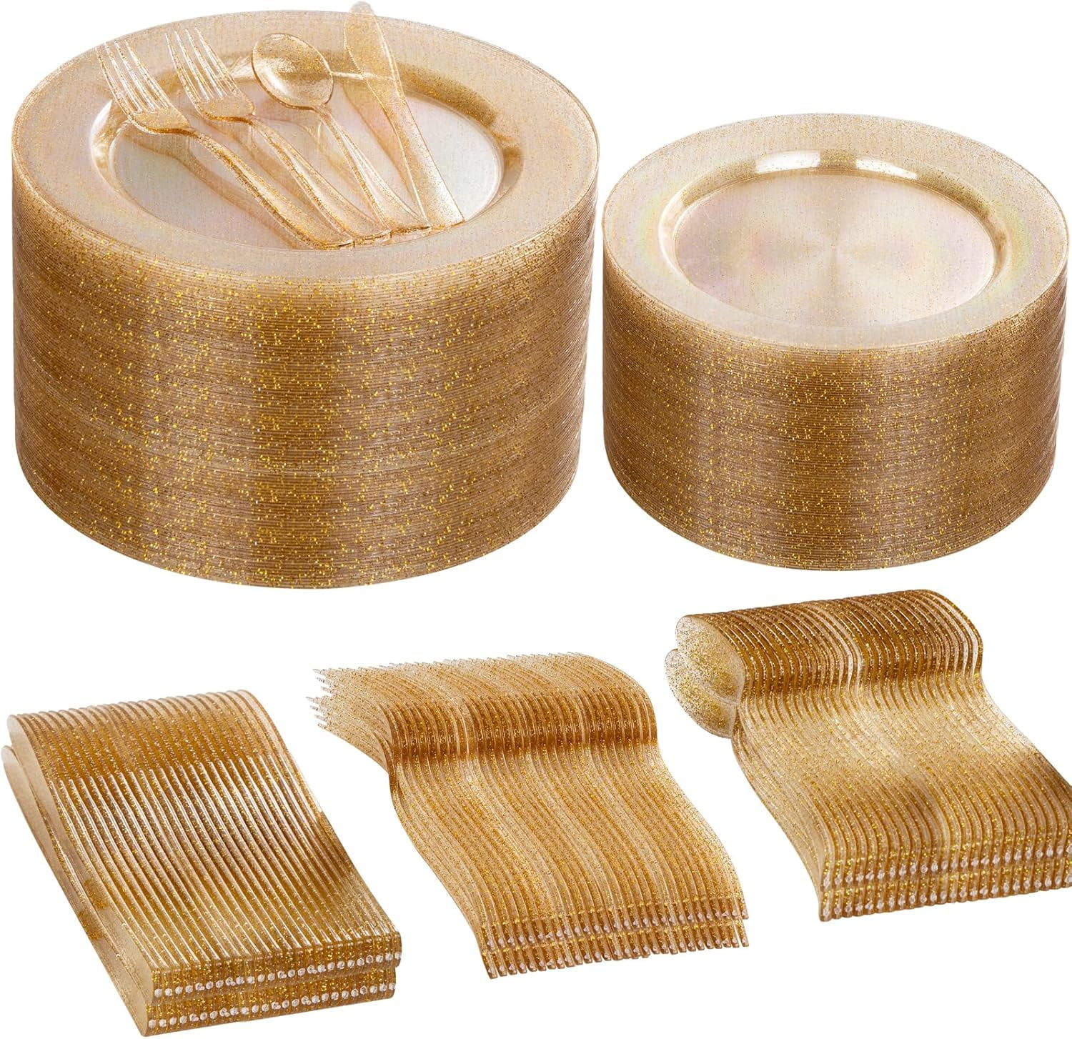 600Pcs Gold Glitter Plastic Plates for 100 Guests, Plastic Dinnerware ...