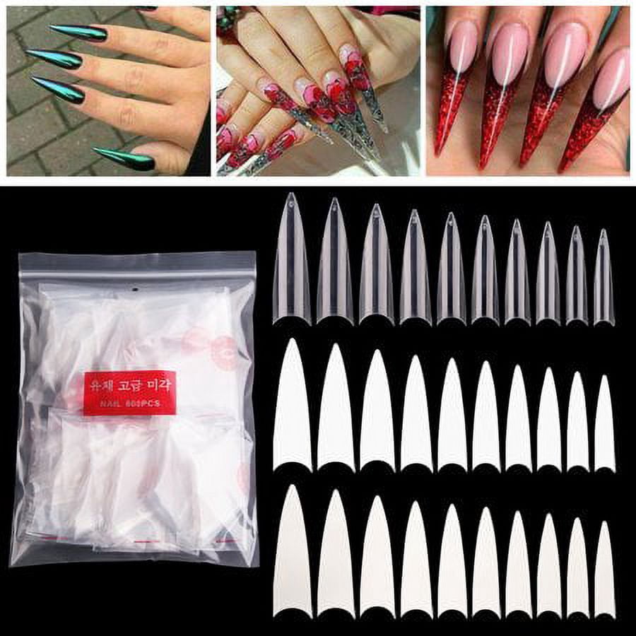 600Pcs Long Stiletto Nail Tips Set,Sharp Ending Fake Nail Art Tips 10 ...