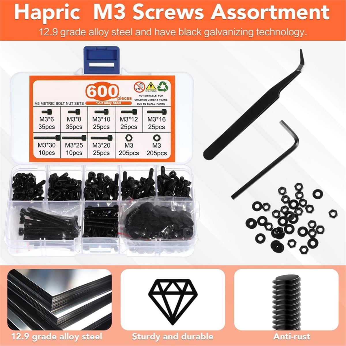 600Pcs M3 Screws,12.9 Alloy Steel Nuts and Bolts Assortment Kit,Black ...