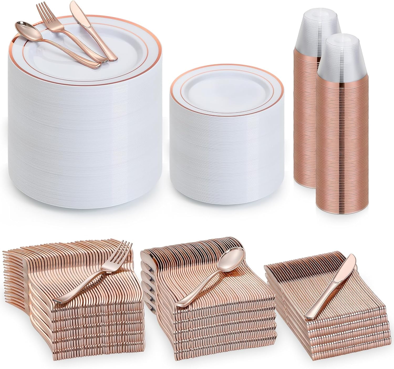 600Pcs Rose Gold Plastic Dinnerware Set for 100 Guests, Disposable ...