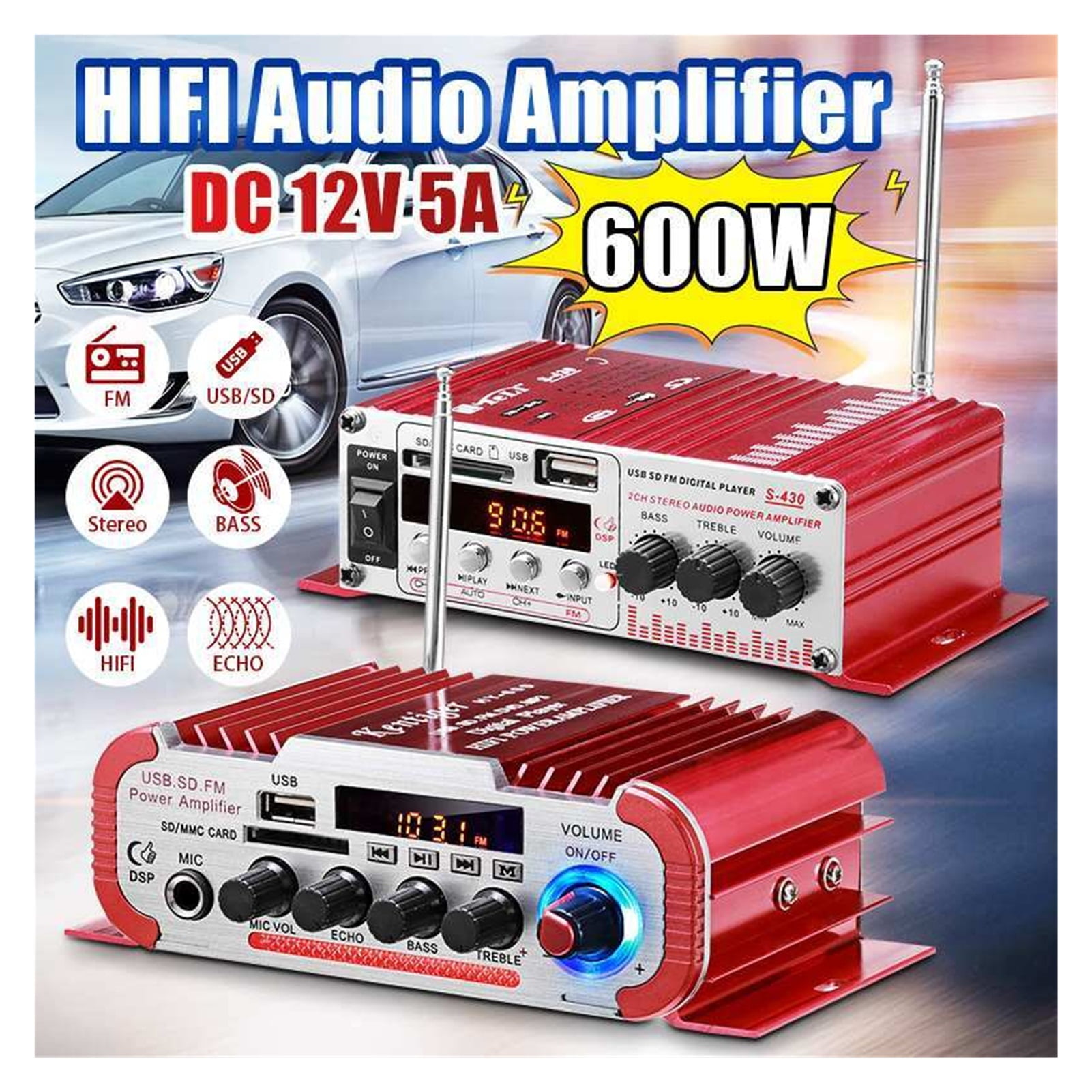 600W 2CH Home Car Digital Amplifiers Hifi Stereo Audio Bass Power ...
