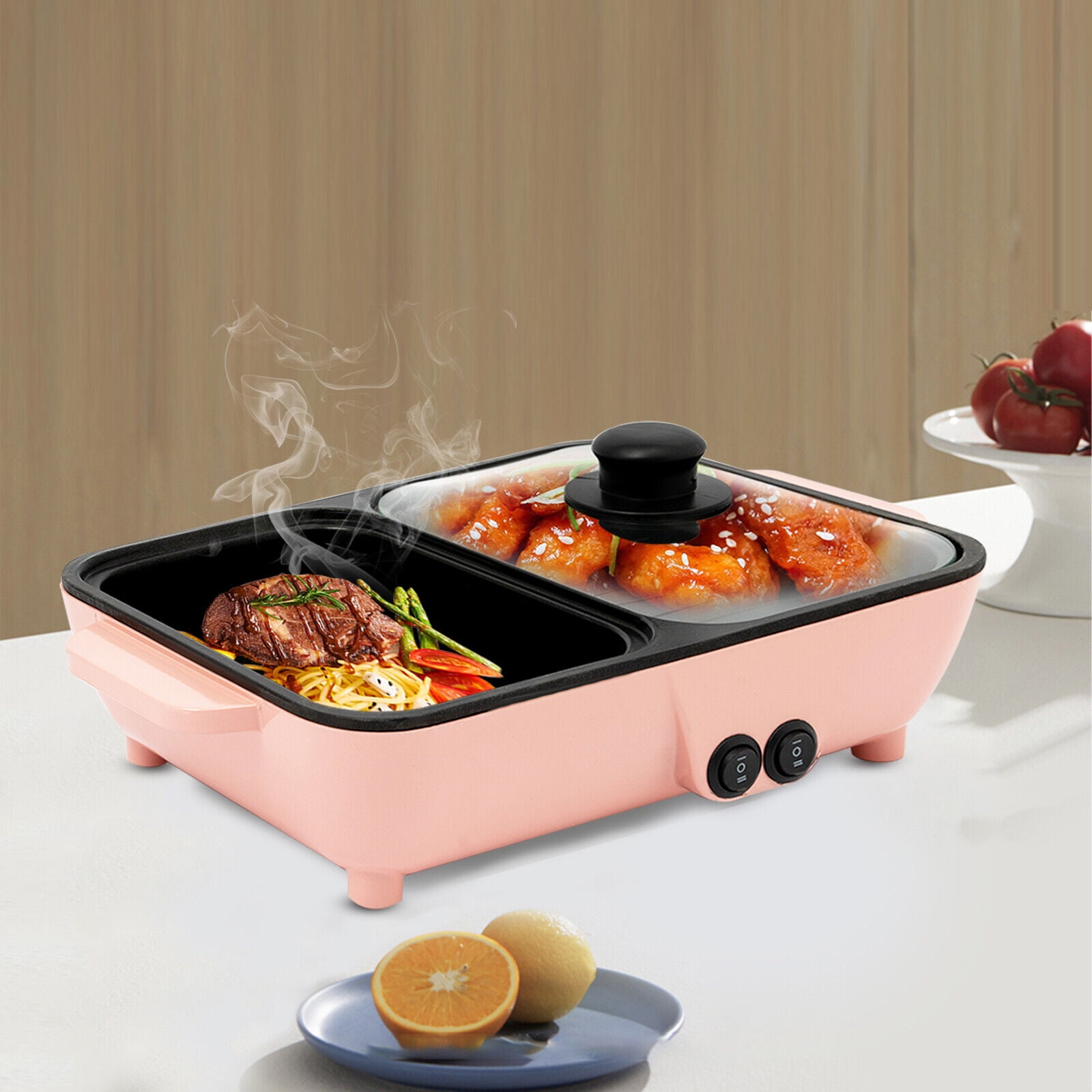 600W + 600W Electric Hot Pot with Grill, 2 in 1 Non-Stick Baking Pan ...