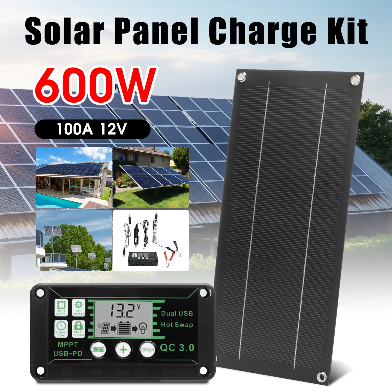 600W Solar Panel Kit, 12V 100A Solar Charge Controller Dual USB Outputs ...