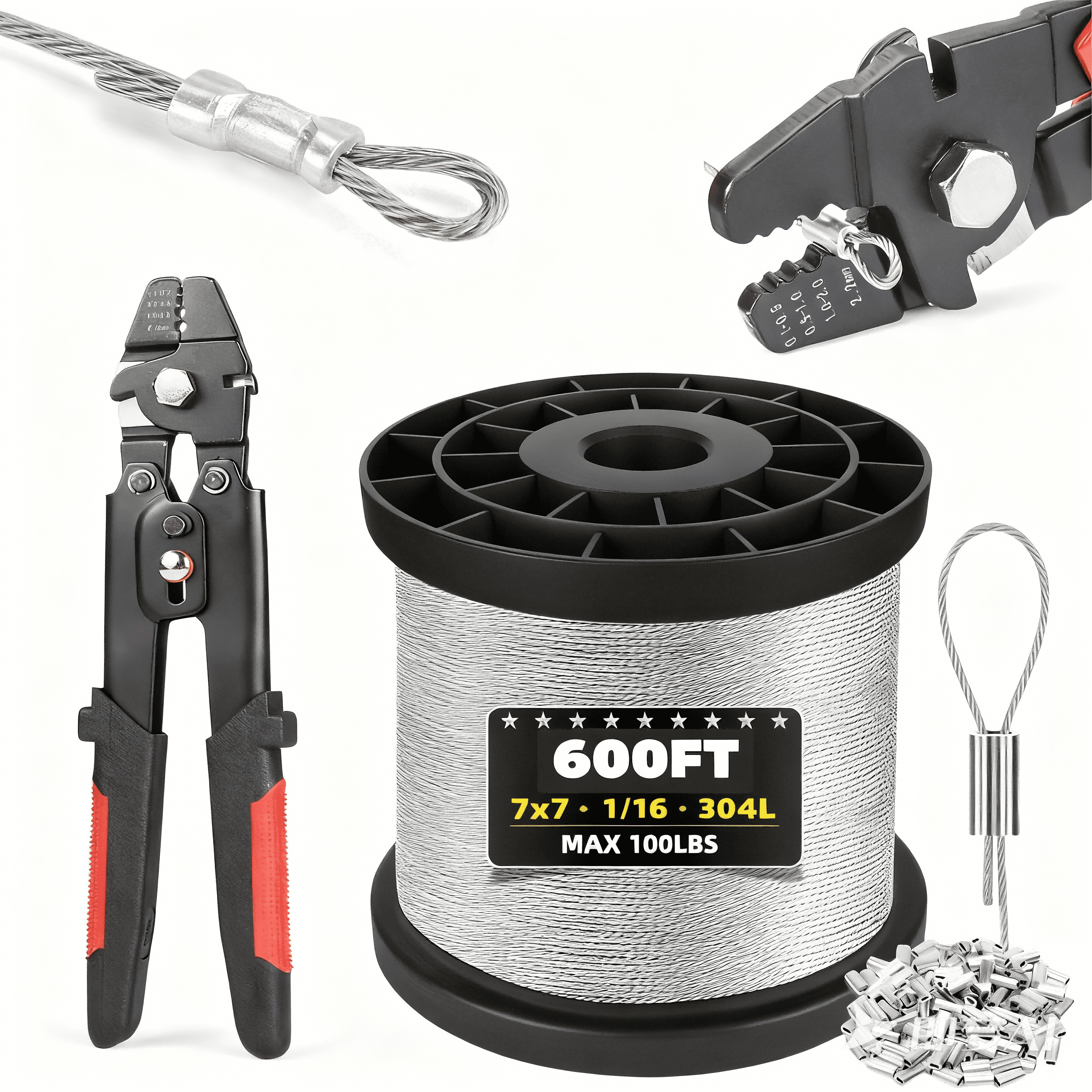 600ft Wire Rope Crimping Tool Kit, Stainless Steel Wire Rope Cable with ...