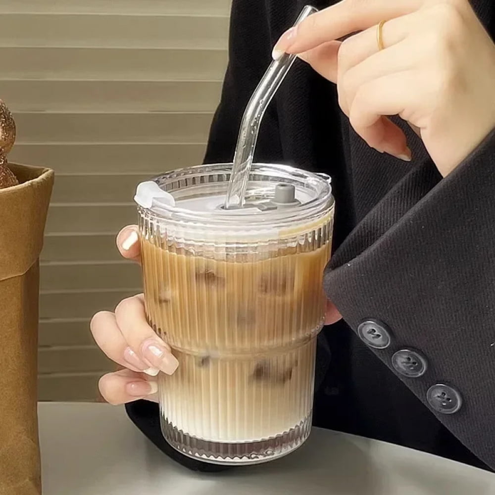 600ml Stripe Glass Cup with Lid and Straw Transparent Drinking Glasses ...