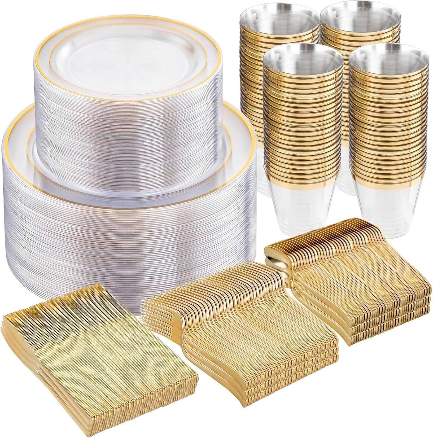 600pc Gold Trim Plastic Dinnerware Set for Party: 100 Dinner Plates ...