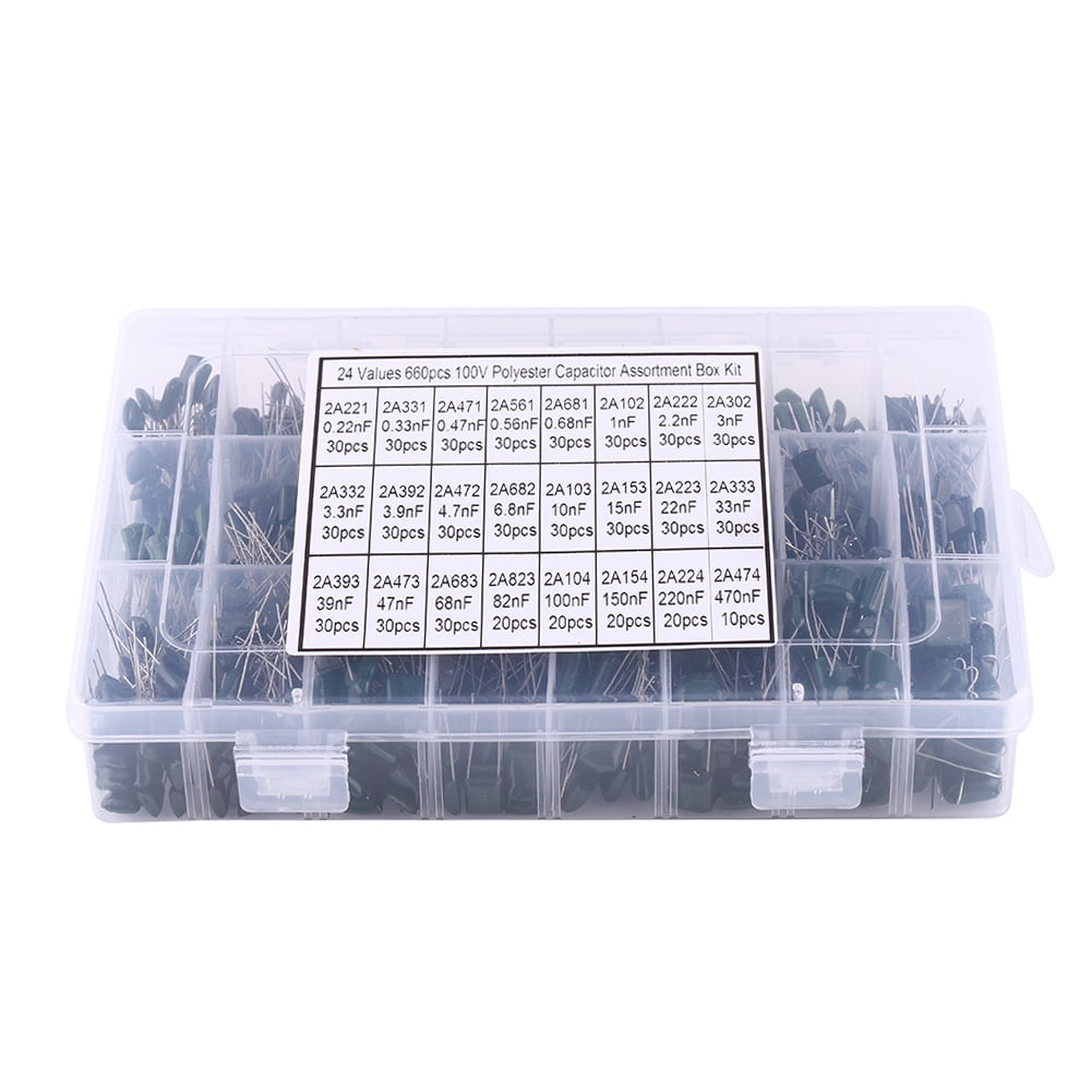 600pcs 24Value 100V Polyester Film Capacitor Kit, Assorted Set 0.22nF ...