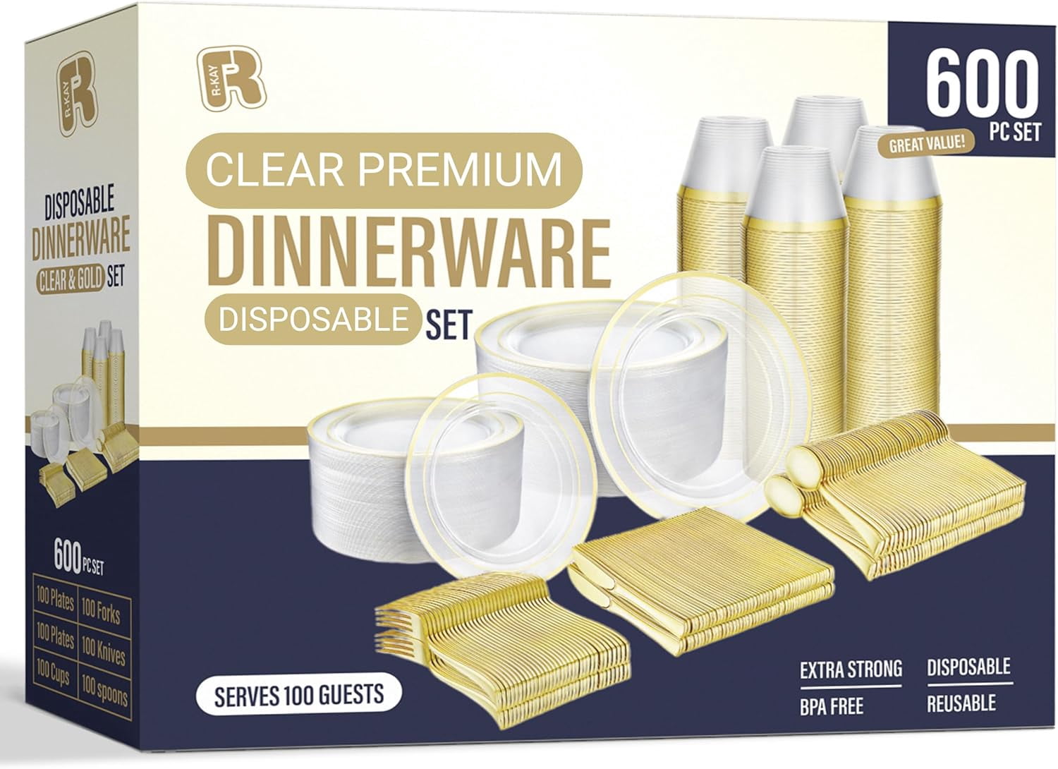600pcs Clear And Gold Plastic Plates Dinnerware Set 100 Guest, Incl ...