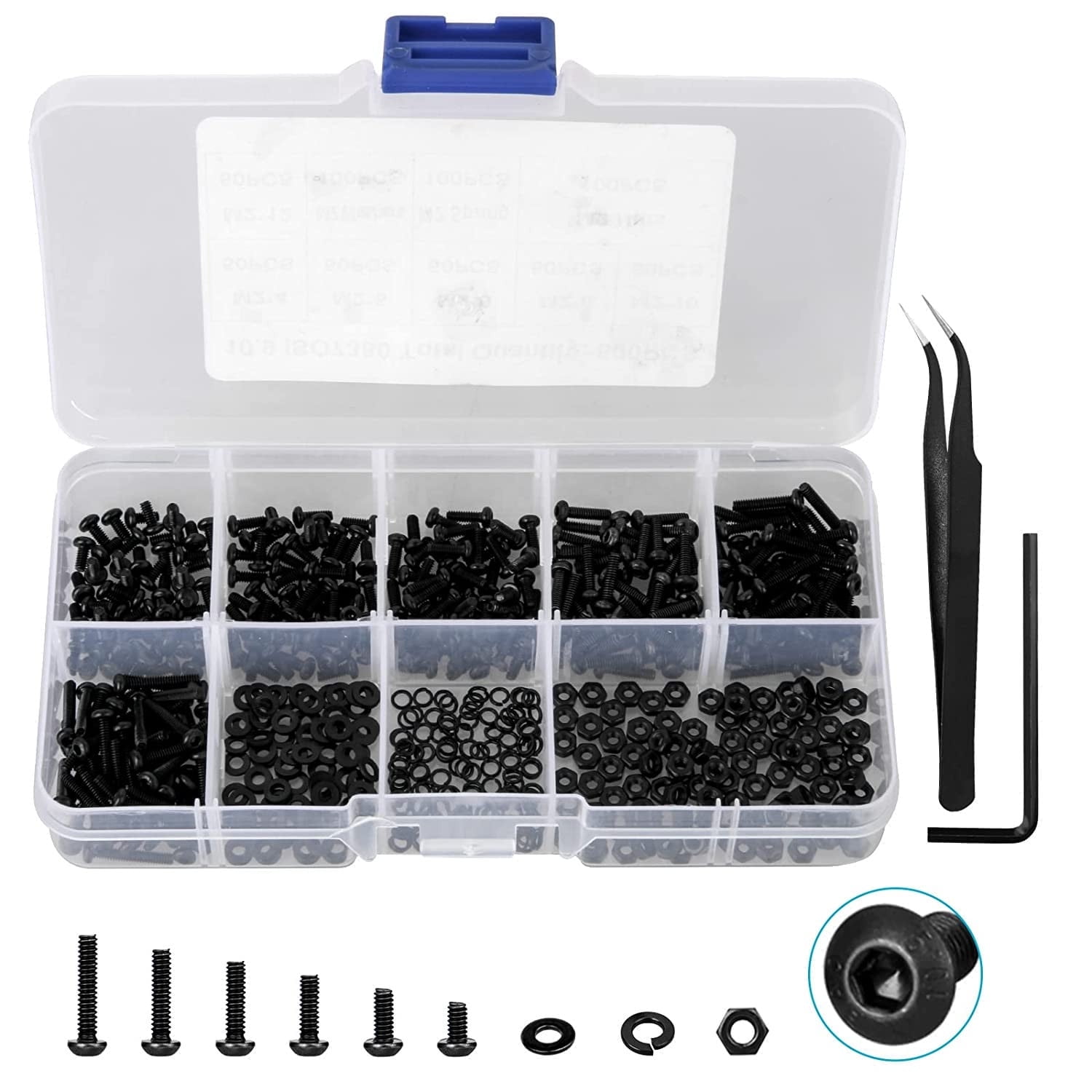 600pcs M2 Bolts and Nuts Set, Black Hex Button Head Cap Screws Assortment Kit with Lock & Flat ...