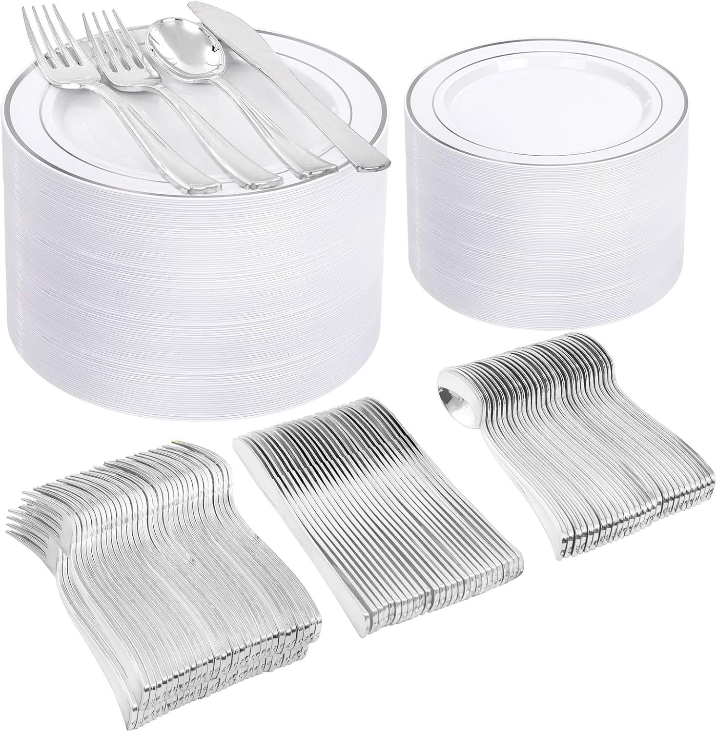 600pcs Silver Dinnerware Set for 100 Guests, Silver Plastic Plates for ...