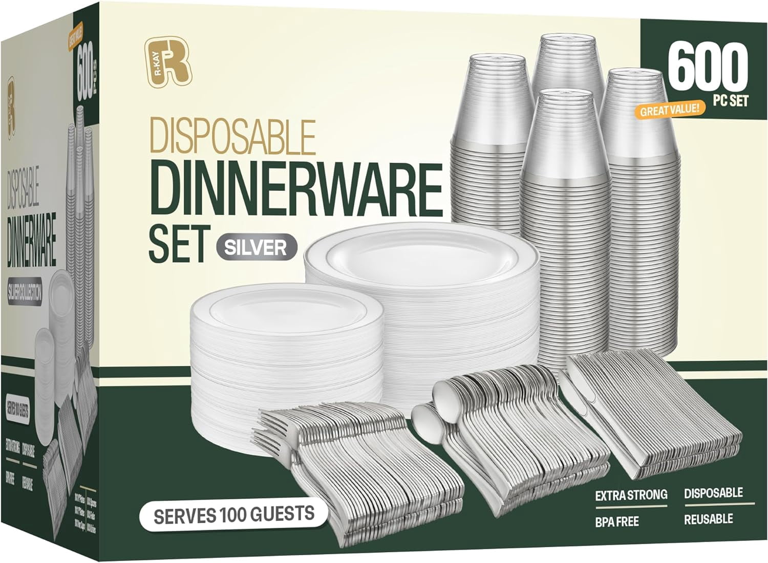 600pcs Silver Plastic Dinnerware Set 100 Guest, Silver Plastic plates ...