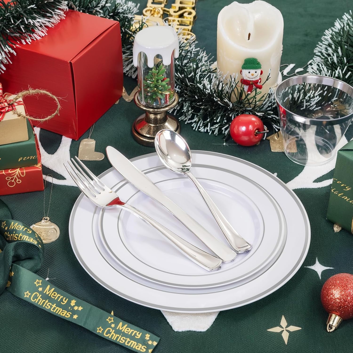 600pcs Silver Plastic Dinnerware Set for 100 Guests - Silver Christmas ...
